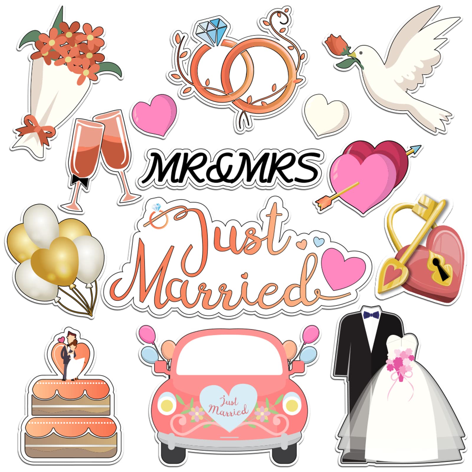 14 Pcs Just Married Ornate Car Magnets Just Married Refrigerator Protect Magnet Honeymoon Anniversary Wedding Bridal Fridge Magnet Stickers Decals Decorative for Anniversary Wedding Party