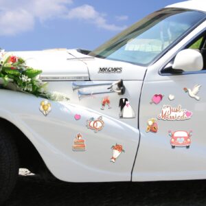 14 Pcs Just Married Ornate Car Magnets Just Married Refrigerator Protect Magnet Honeymoon Anniversary Wedding Bridal Fridge Magnet Stickers Decals Decorative for Anniversary Wedding Party