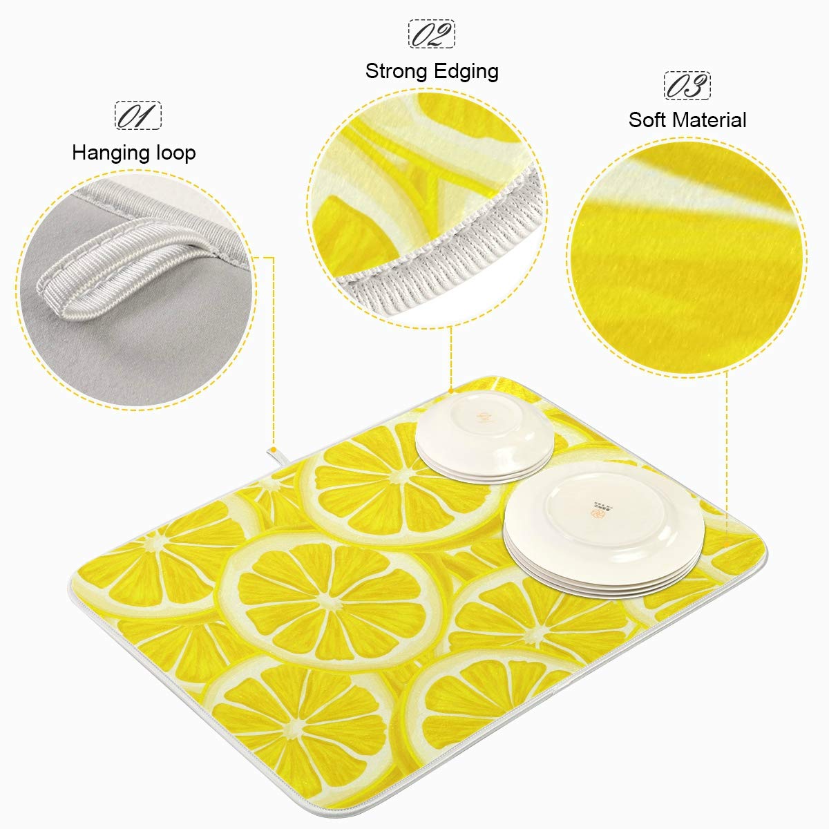 Yellow Lemon Dish Drying Mat for Kitchen Countertops Sinks Drying Mat Absorbent Heat Resistant Dishes Drainer Pad 16 x 18 Inch