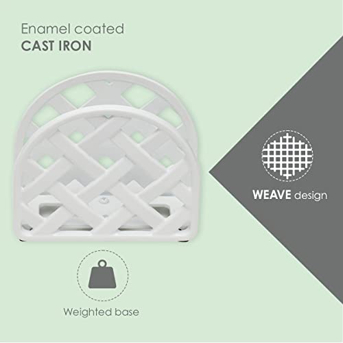 Home Basics Weave Freestanding Cast Iron Napkin Holder | Rubber Feet | Enamel Coating | Great for Cloth or Paper Napkin (White)