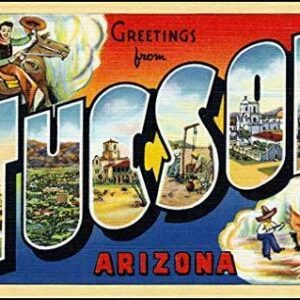 MAGNET 3x5 inch Vintage Greetings from Tucson Sticker (Old Postcard Art Logo az) Magnetic vinyl bumper sticker sticks to any metal fridge, car, signs