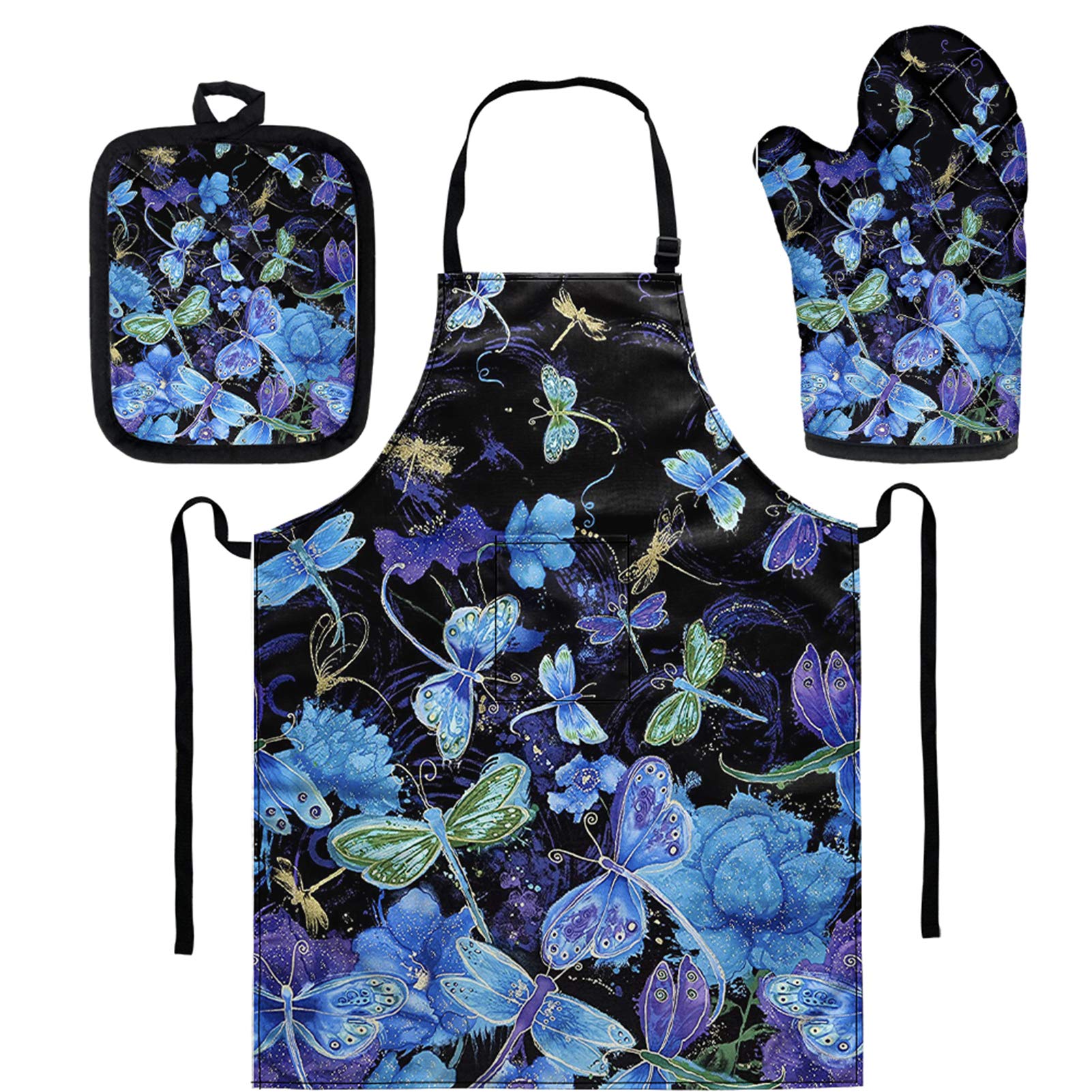 GLENLCWE Dragonfly Kitchen Apron Oven Mitts and Pot Holders Sets for Baking Cooking,Women Adjustable Apron with Pocket,Convenient and Lovely