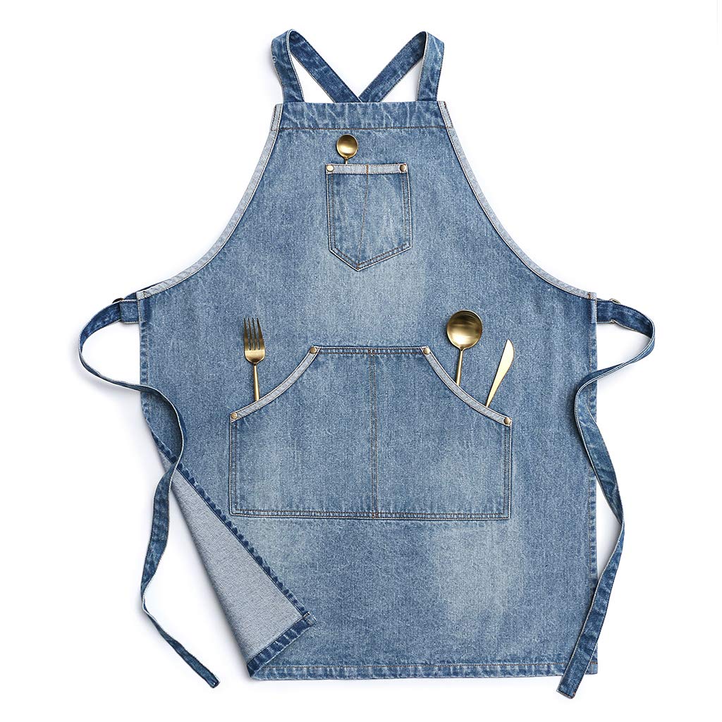 Jeanerlor - Cotton Denim Apron with Convenient Pockets for Women - Jean Apron for Hairstylist Artisan and Barista Cross Straps Adjustable S to L (Denim Blue)