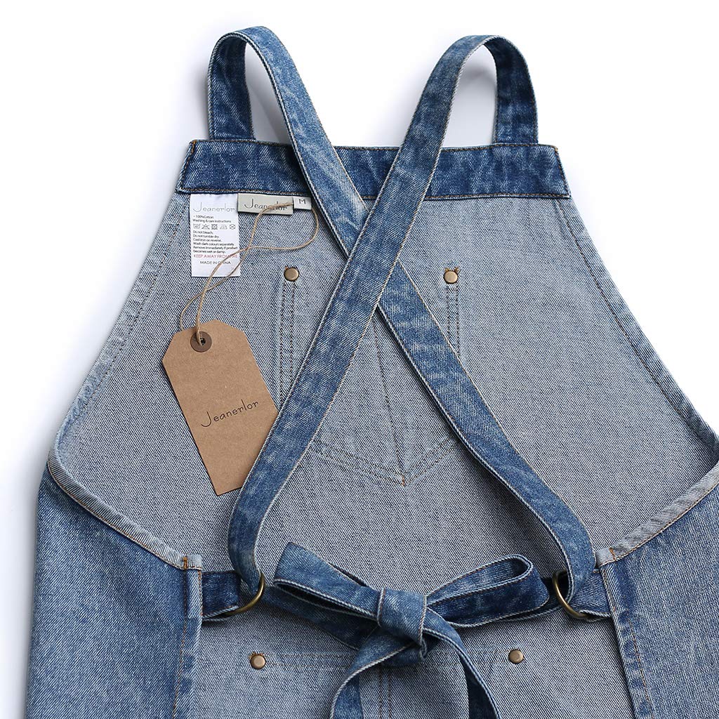 Jeanerlor - Cotton Denim Apron with Convenient Pockets for Women - Jean Apron for Hairstylist Artisan and Barista Cross Straps Adjustable S to L (Denim Blue)