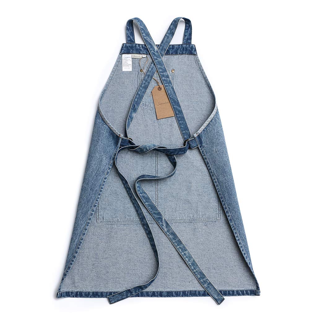 Jeanerlor - Cotton Denim Apron with Convenient Pockets for Women - Jean Apron for Hairstylist Artisan and Barista Cross Straps Adjustable S to L (Denim Blue)