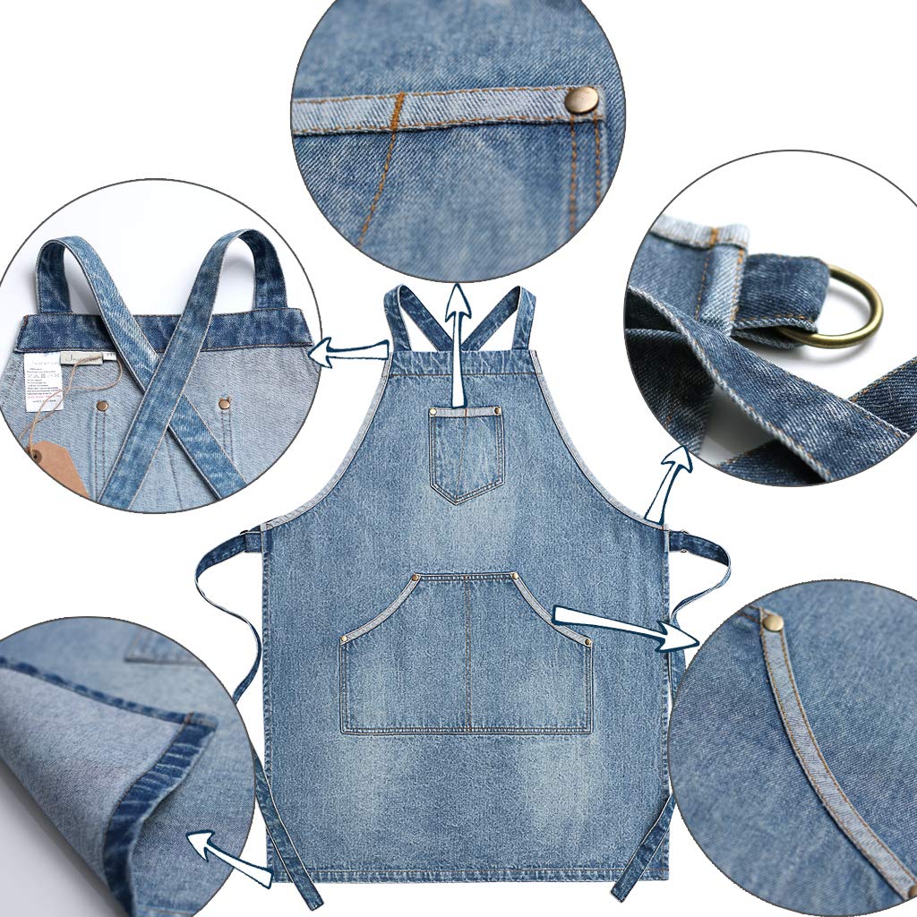 Jeanerlor - Cotton Denim Apron with Convenient Pockets for Women - Jean Apron for Hairstylist Artisan and Barista Cross Straps Adjustable S to L (Denim Blue)