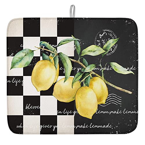 Dish Drying Mats Yellow Lemon Fresh Fruit Farm Absorbent Fast-Drying Kitchen Dishes Pad Black White Plaid Dish Draining Mat Washable Dish Drainer Rack Mats for Kitchen Counter 16x18 Inch