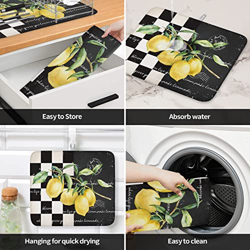 Dish Drying Mats Yellow Lemon Fresh Fruit Farm Absorbent Fast-Drying Kitchen Dishes Pad Black White Plaid Dish Draining Mat Washable Dish Drainer Rack Mats for Kitchen Counter 16x18 Inch