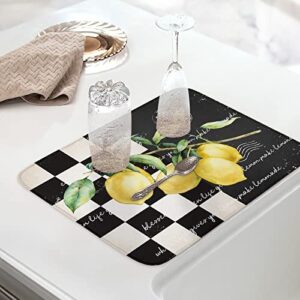 Dish Drying Mats Yellow Lemon Fresh Fruit Farm Absorbent Fast-Drying Kitchen Dishes Pad Black White Plaid Dish Draining Mat Washable Dish Drainer Rack Mats for Kitchen Counter 16x18 Inch