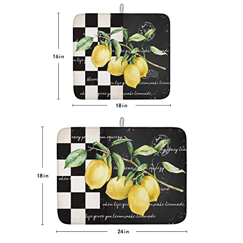 Dish Drying Mats Yellow Lemon Fresh Fruit Farm Absorbent Fast-Drying Kitchen Dishes Pad Black White Plaid Dish Draining Mat Washable Dish Drainer Rack Mats for Kitchen Counter 16x18 Inch