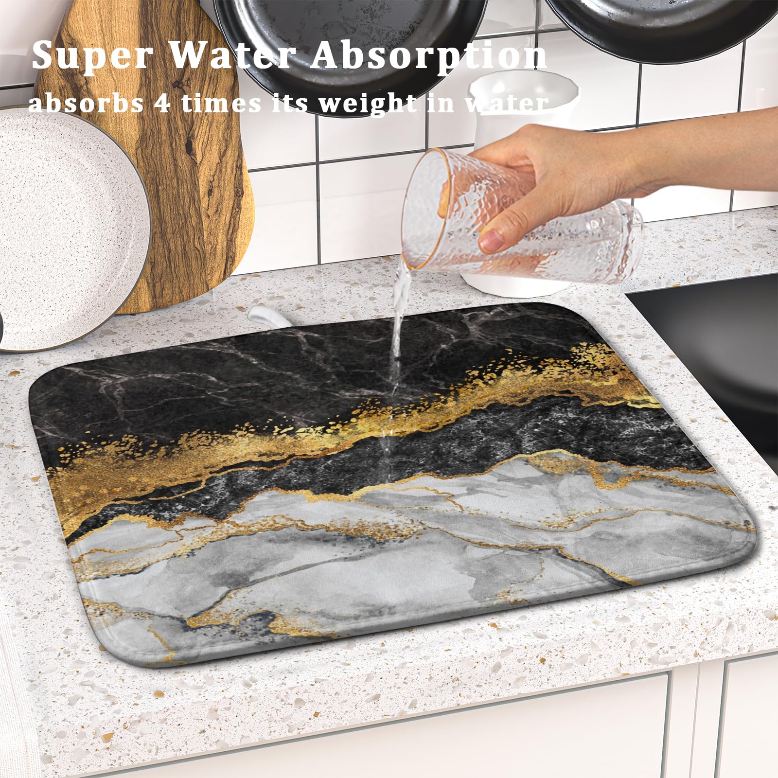 Black Gray Marble Dish Drying Mat - 16 x 18 inch Microfiber Dish Mat Absorbent Drying Pad Heat Resistant Dish Drainer Mats for Kitchen Countertop