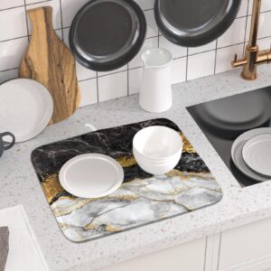 Black Gray Marble Dish Drying Mat - 16 x 18 inch Microfiber Dish Mat Absorbent Drying Pad Heat Resistant Dish Drainer Mats for Kitchen Countertop