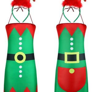 SATINIOR 4 Pieces Christmas Elf Apron and Santa Elf Hat Headbands Cute Kitchen Cooking Aprons Christmas Costume Accessories for Fancy Dress Party Thanksgiving Day Multicolor