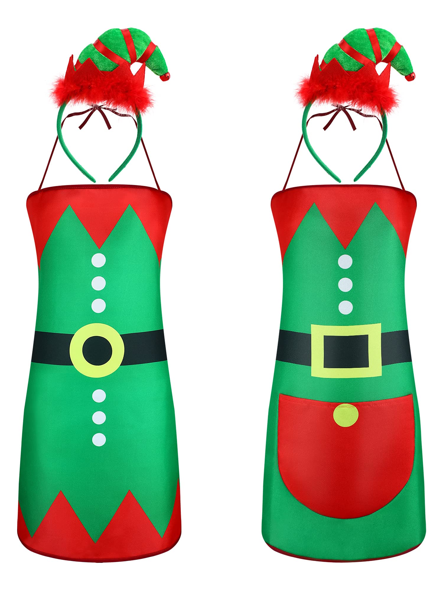 SATINIOR 4 Pieces Christmas Elf Apron and Santa Elf Hat Headbands Cute Kitchen Cooking Aprons Christmas Costume Accessories for Fancy Dress Party Thanksgiving Day Multicolor