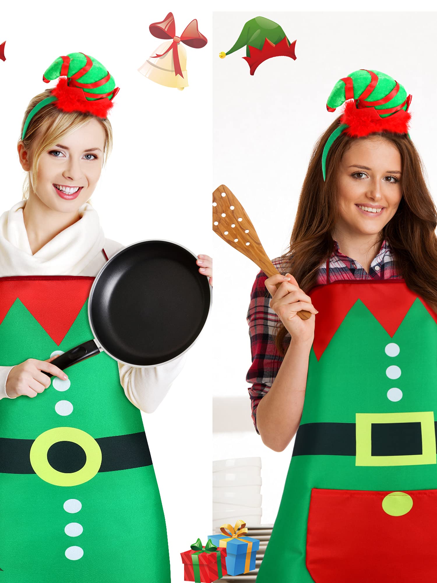 SATINIOR 4 Pieces Christmas Elf Apron and Santa Elf Hat Headbands Cute Kitchen Cooking Aprons Christmas Costume Accessories for Fancy Dress Party Thanksgiving Day Multicolor