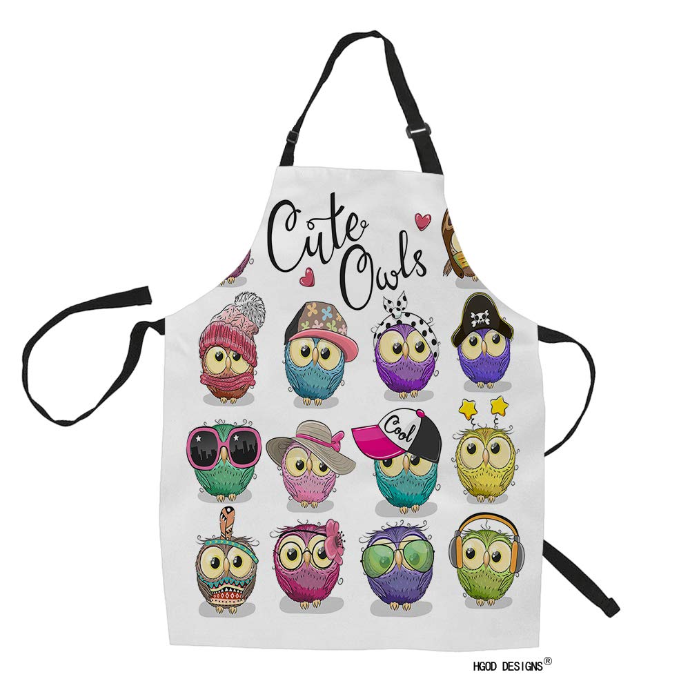 HGOD DESIGNS Owls Kitchen Apron,Cartoon Cute Owls With Hat Earphone Sticker Kitchen Aprons For Women Men For Cooking Gardening Adjustable Home Bibs,Adult Size