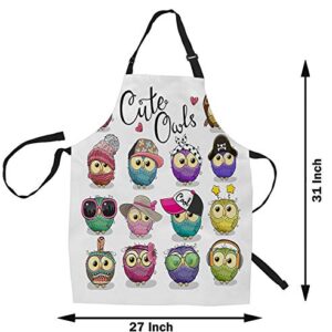 HGOD DESIGNS Owls Kitchen Apron,Cartoon Cute Owls With Hat Earphone Sticker Kitchen Aprons For Women Men For Cooking Gardening Adjustable Home Bibs,Adult Size