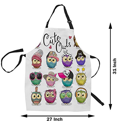 HGOD DESIGNS Owls Kitchen Apron,Cartoon Cute Owls With Hat Earphone Sticker Kitchen Aprons For Women Men For Cooking Gardening Adjustable Home Bibs,Adult Size