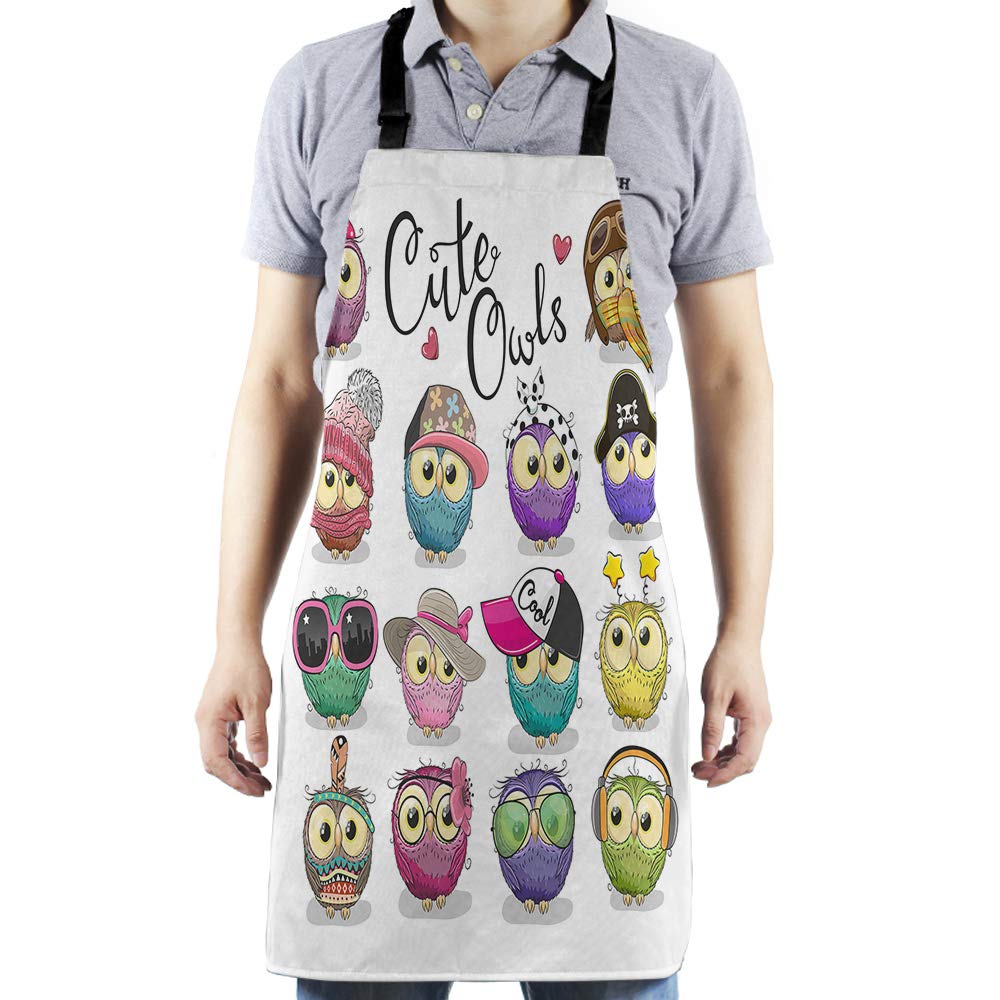 HGOD DESIGNS Owls Kitchen Apron,Cartoon Cute Owls With Hat Earphone Sticker Kitchen Aprons For Women Men For Cooking Gardening Adjustable Home Bibs,Adult Size