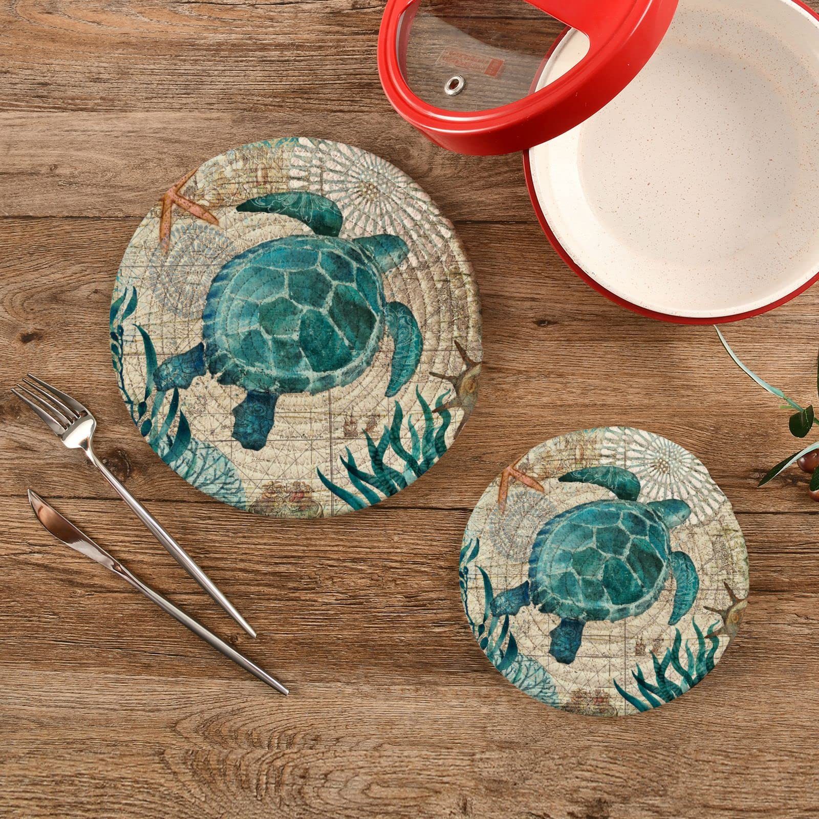 ALAZA Ocean Sea Turtle Trivets for Hot Dishes 2 Pcs,Hot Pad for Kitchen,Trivets for Hot Pots and Pans,Large Coasters Cotton Mat Cooking Potholder Set