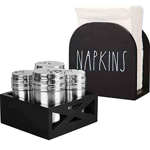 2-in-1 Salt Pepper Napkin Holder Combo, Wooden Napkin Holder for Table with Salt and Pepper Shakers Caddy, Farmhouse Rustic Napkin Holders Salt Pepper Storage Caddy for Tabletop,Kitchen