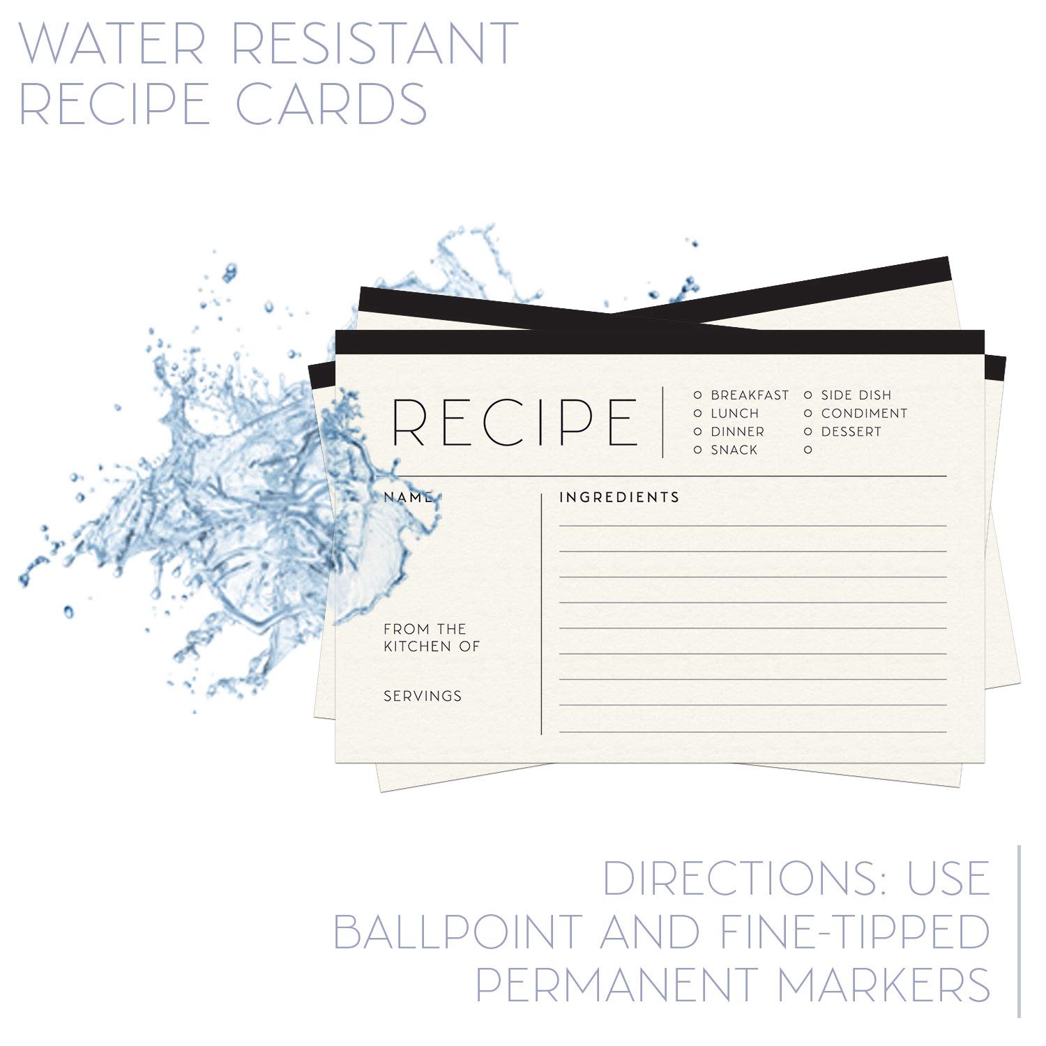 48 Water Resistant Ivory Recipe Cards, Simple & Modern, Double-Sided, Multi-Colors (Ivory & Black)