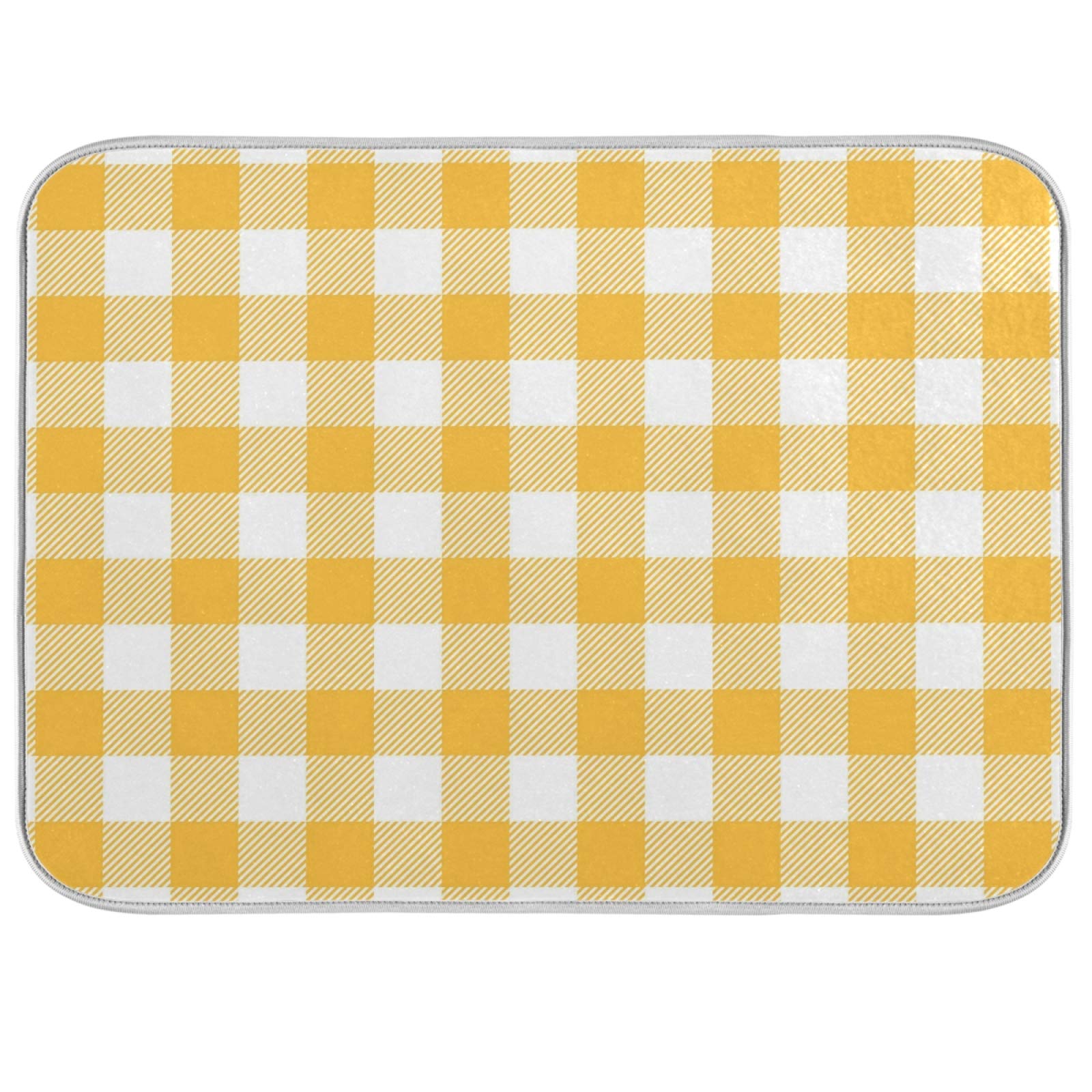 Qilmy Yellow Checked Dish Drying Mat for Kitchen Countertop, Absorbent Dry Mats for Dishes Draining Pad-18" x 24"