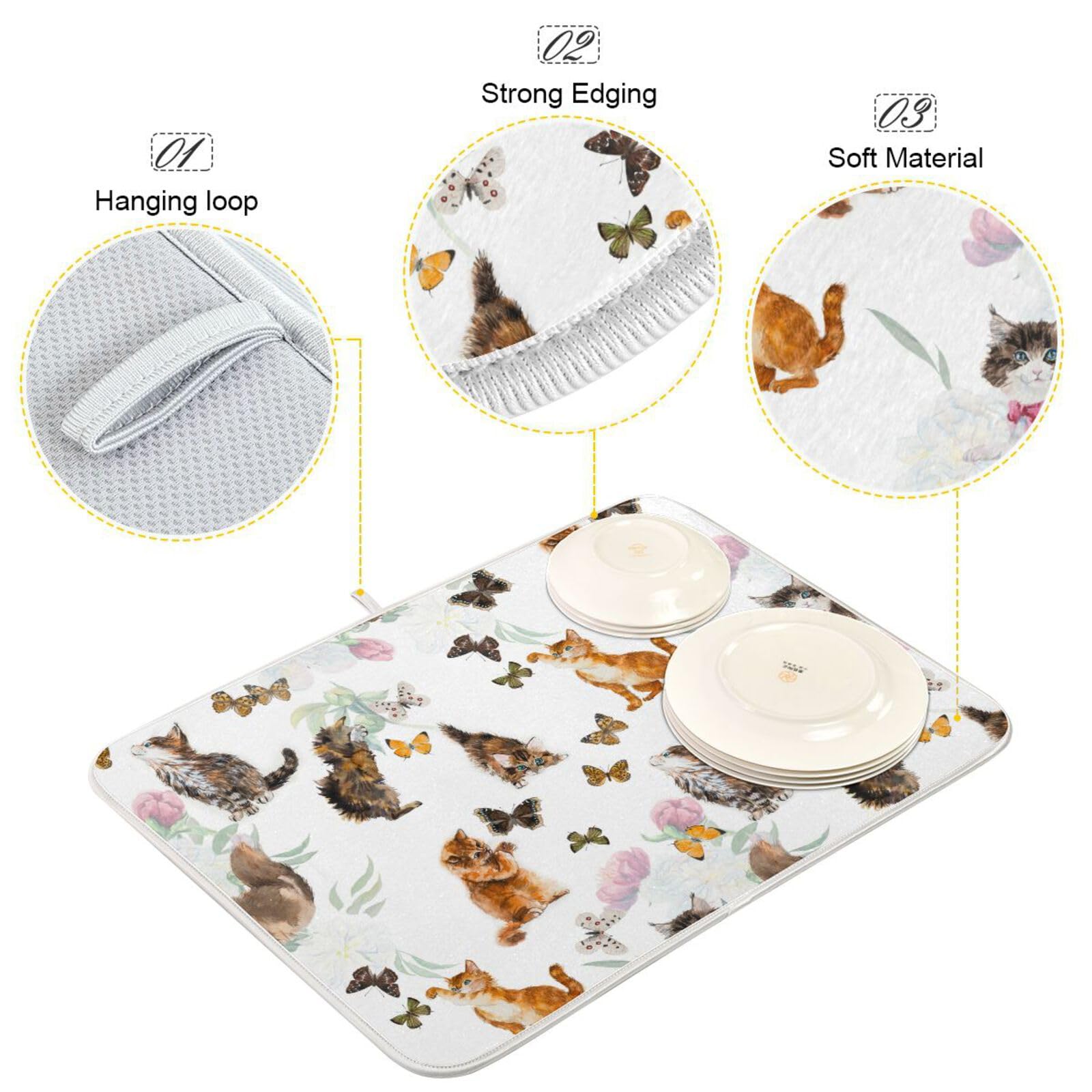 JUMBEAR Cat Butterflies Dish Drying Mat Absorbent Reversible Dish Drainer Pad Tableware Mat for Kitchen Countertop Home Decoration, 16 x 18 Inch