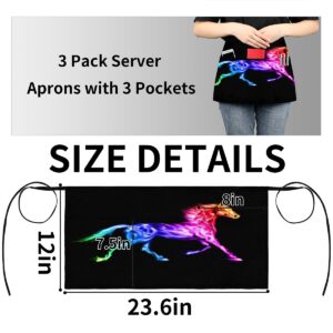 XMNYGJ 3 Pack Waist Apron Set Horse Print Waitress Aprons 3 Pockets Waterproof Half Apron for Bartender Restaurant Barista Teachers BBQs Parties