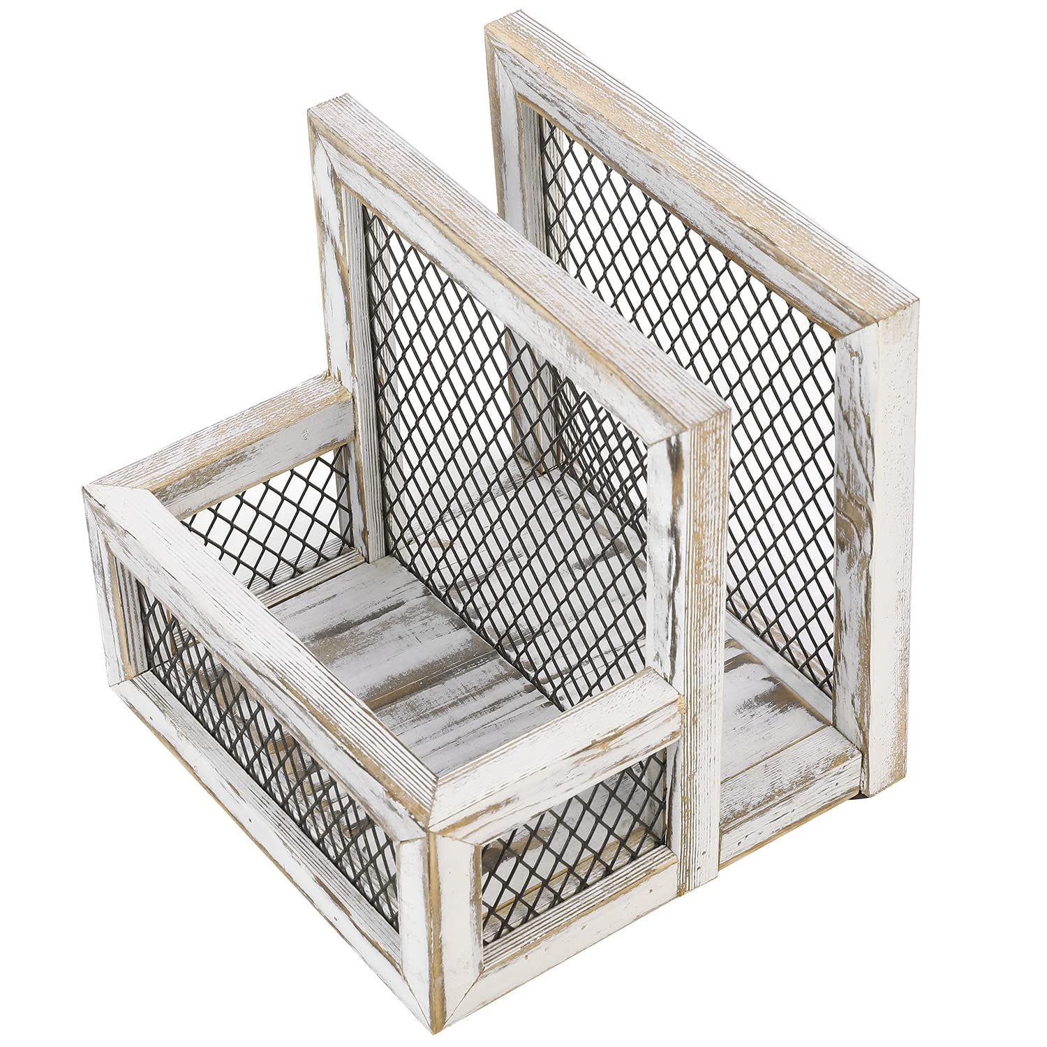 MyGift Whitewashed Solid Wood Farmhouse Napkin Holder with Salt and Pepper Shaker Caddy, Dining Table Napkin and Seasoning Condiment Holder with Metal Mesh Accent