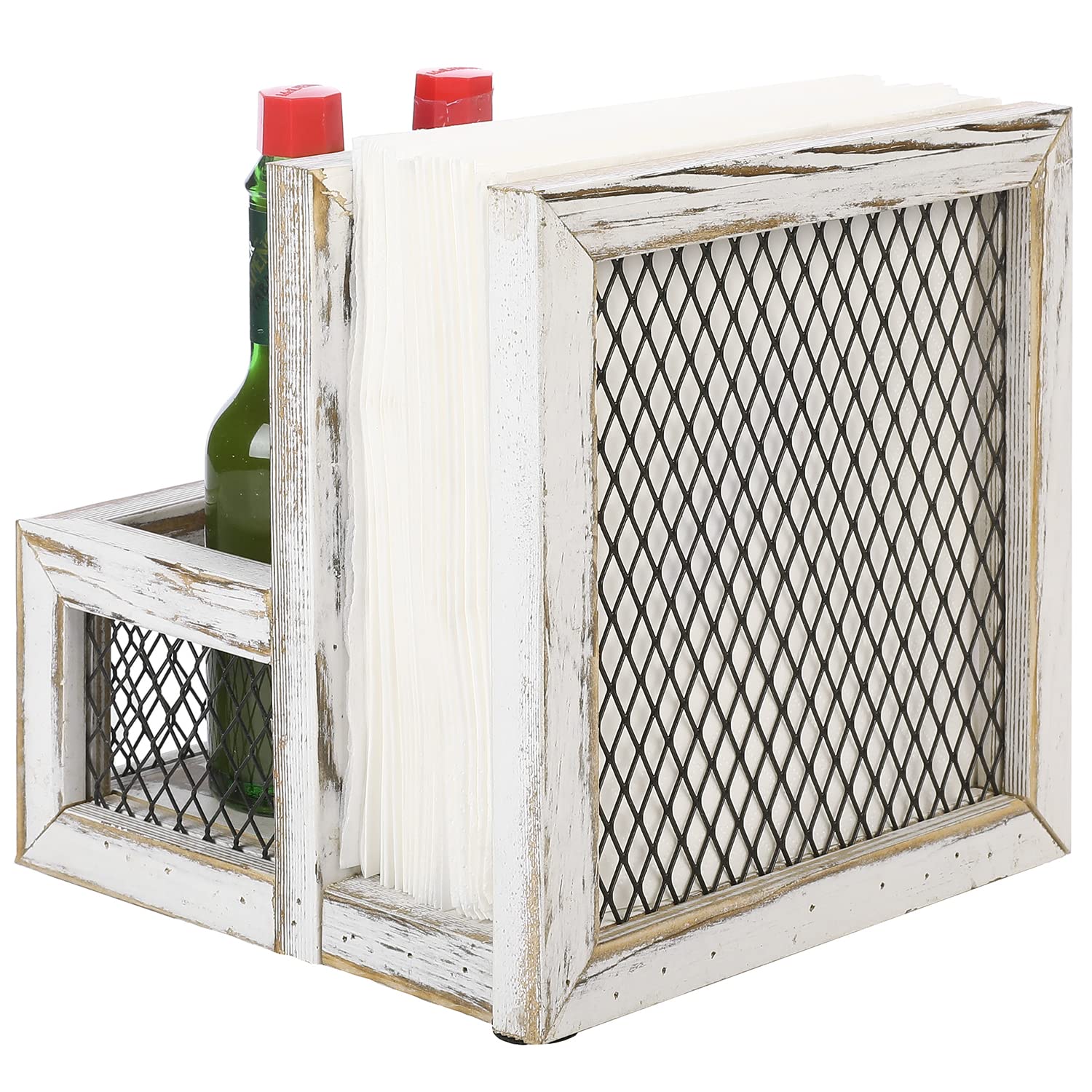 MyGift Whitewashed Solid Wood Farmhouse Napkin Holder with Salt and Pepper Shaker Caddy, Dining Table Napkin and Seasoning Condiment Holder with Metal Mesh Accent