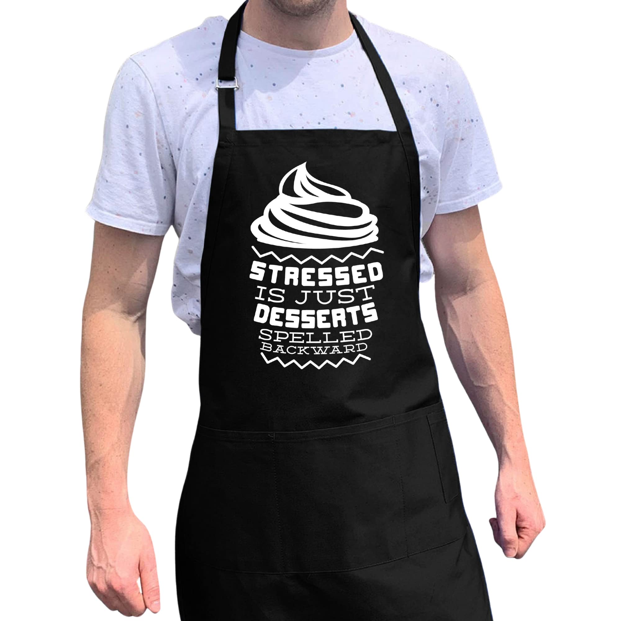 ApronMen, Funny Baking Apron Stressed Is Just Desserts Spelled Backwards - Adjustable Straps - One Size Fits All Grilling Apron With Pockets - Cotton Kitchen Cooking Chef Apron