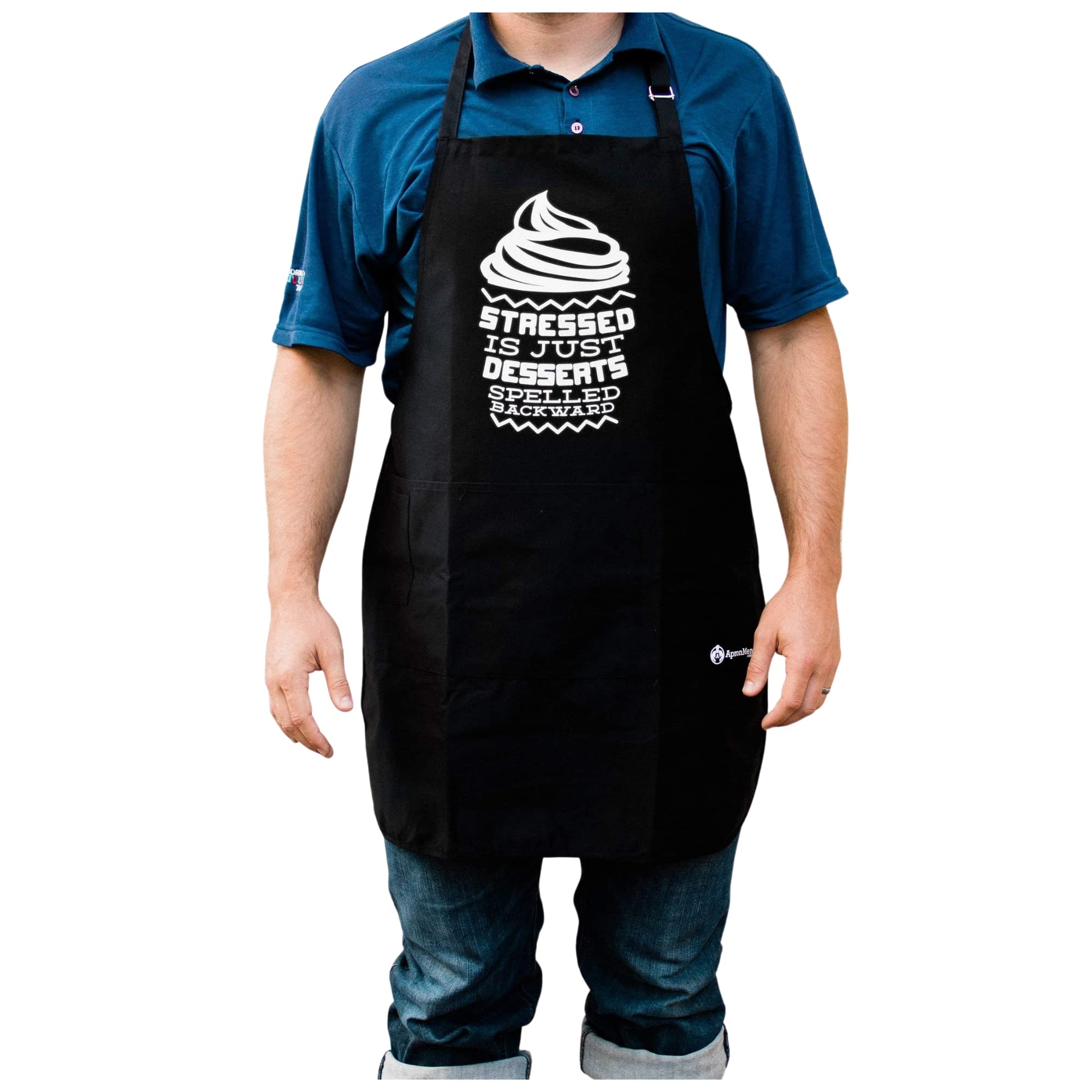 ApronMen, Funny Baking Apron Stressed Is Just Desserts Spelled Backwards - Adjustable Straps - One Size Fits All Grilling Apron With Pockets - Cotton Kitchen Cooking Chef Apron