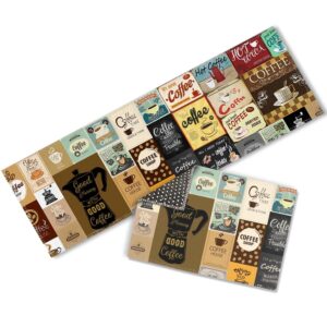 PRUKIVRA Kitchen Rugs and Mats,Non Skid Washable,Coffee Themed,Set of 2,Anti-Fatigue Comfort Standing Mat for Floor, Office, Sink, Laundry(17"x52"+17"x26")