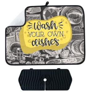 Dish Drying Mat for Kitchen Counter, Best Housewarming & Kitchen Gifts for New House, 16"x22",Absorbent Microfiber, Comes with Faucet Splash Catcher, Unique Design, Gift Box Ready-Wash Dishes