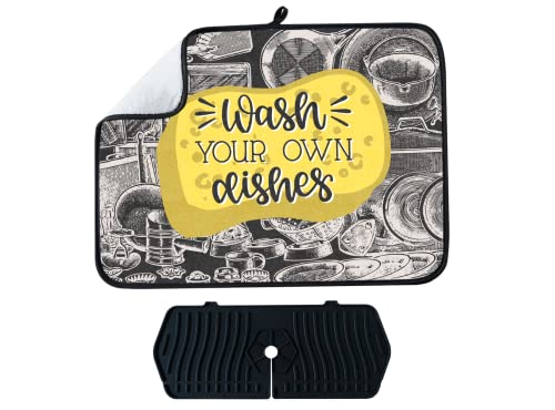 Dish Drying Mat for Kitchen Counter, Best Housewarming & Kitchen Gifts for New House, 16"x22",Absorbent Microfiber, Comes with Faucet Splash Catcher, Unique Design, Gift Box Ready-Wash Dishes