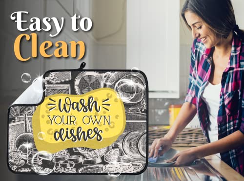 Dish Drying Mat for Kitchen Counter, Best Housewarming & Kitchen Gifts for New House, 16"x22",Absorbent Microfiber, Comes with Faucet Splash Catcher, Unique Design, Gift Box Ready-Wash Dishes