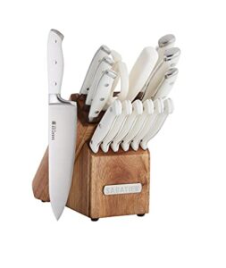 sabatier 15-piece forged triple rivet knife block set, high-carbon stainless steel kitchen knives, razor-sharp knife set with acacia wood block, white handles