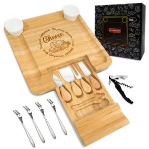 kitchenvoy bamboo cheese board set with slide-out drawer, knife set, ceramic bowls - every cheese name - charcuterie boards gift set for christmas, birthday, housewarming, wedding - new home gift