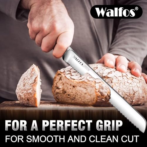 Walfos Bread Knife with Sheath, Serrated Bread Knife with Upgraded Stainless Steel, Ultra-Sharp, 8-Inch Blade, Bread Slice Knife for Slicing Homemade Bread, Bagels, Cake