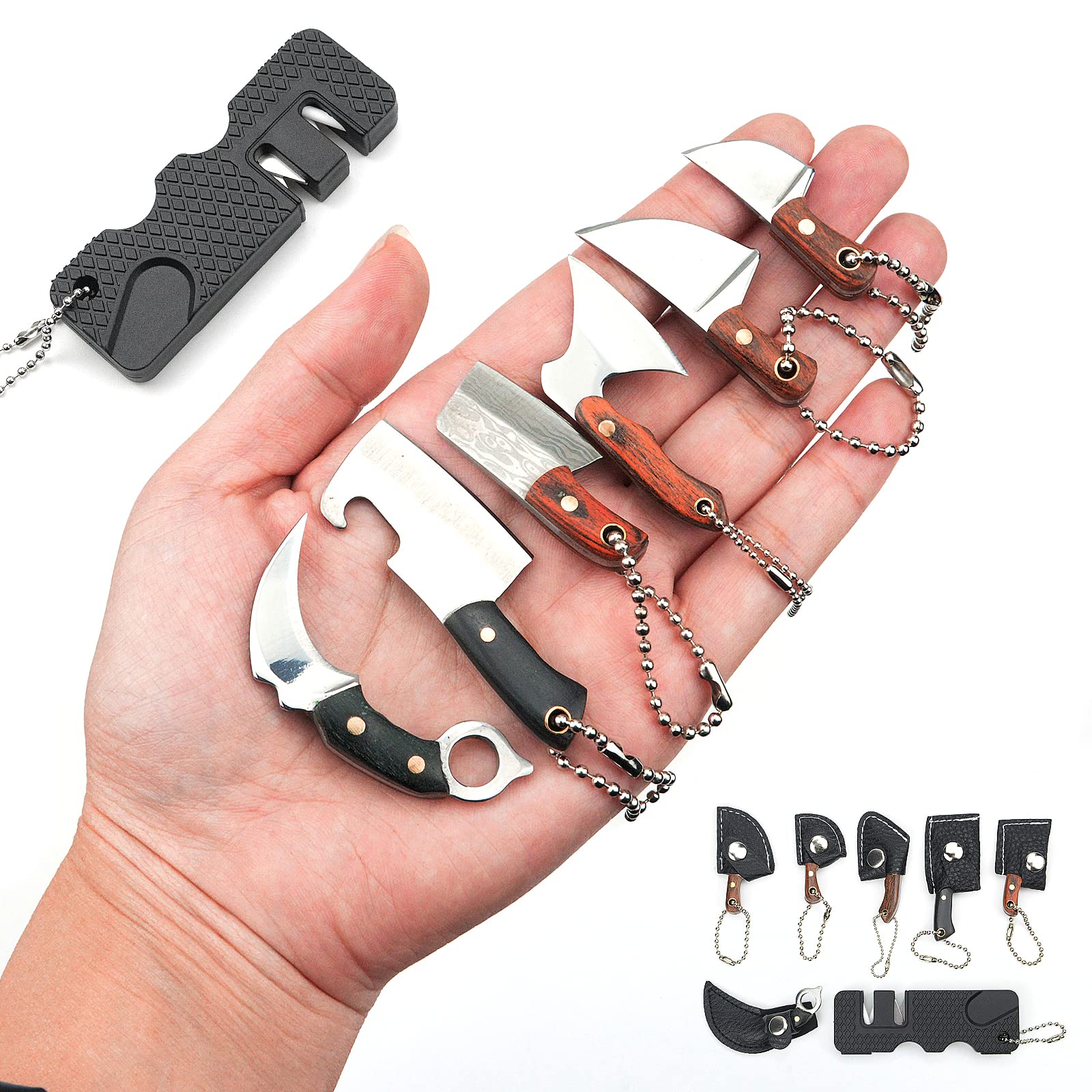 BeautyChen Mini Knife Set Tiny Knives with Sheaths Chef Knife EDC Bottle Opener Keychains Small Cleaver Pocket Knife with Sharpener-Set of 7