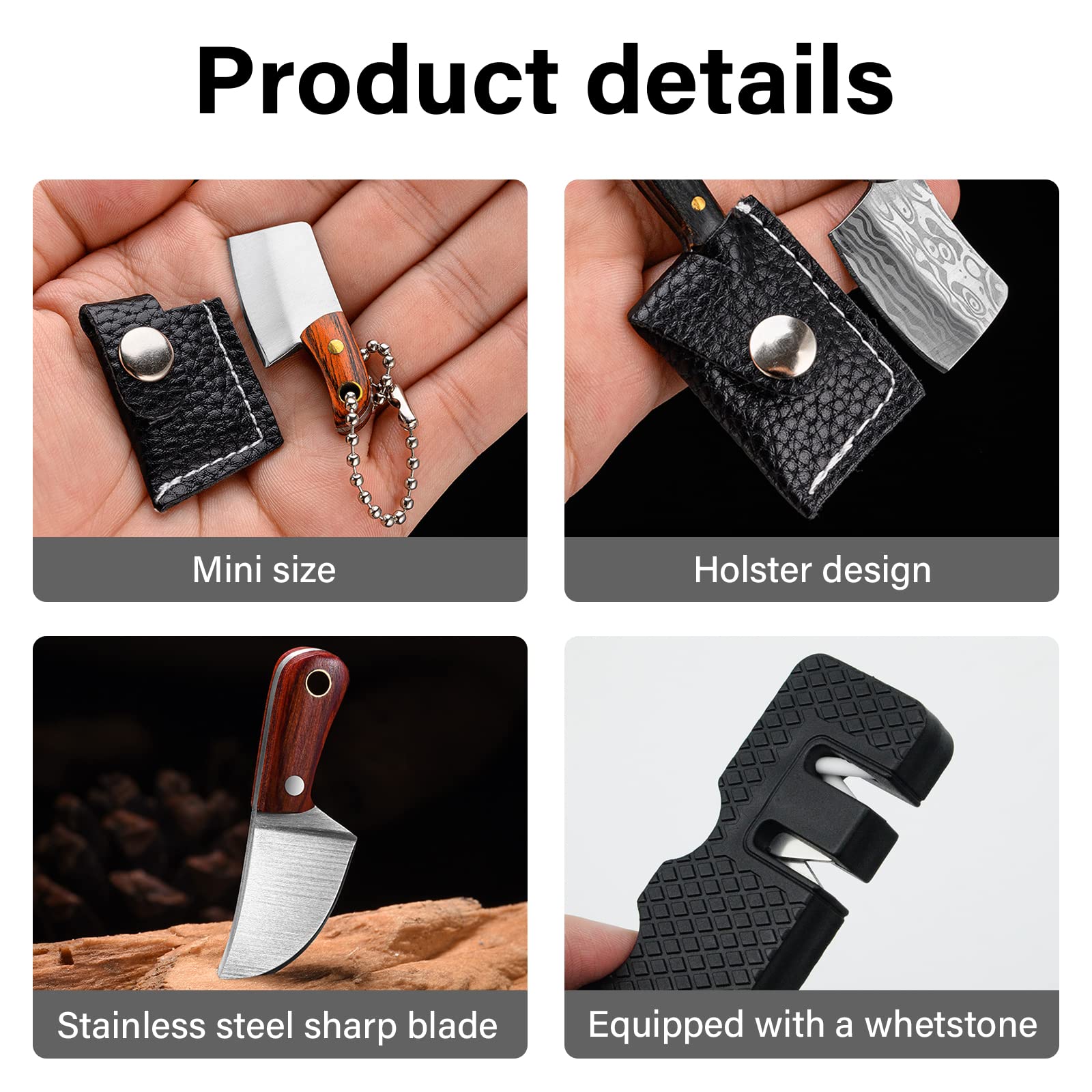 BeautyChen Mini Knife Set Tiny Knives with Sheaths Chef Knife EDC Bottle Opener Keychains Small Cleaver Pocket Knife with Sharpener-Set of 7