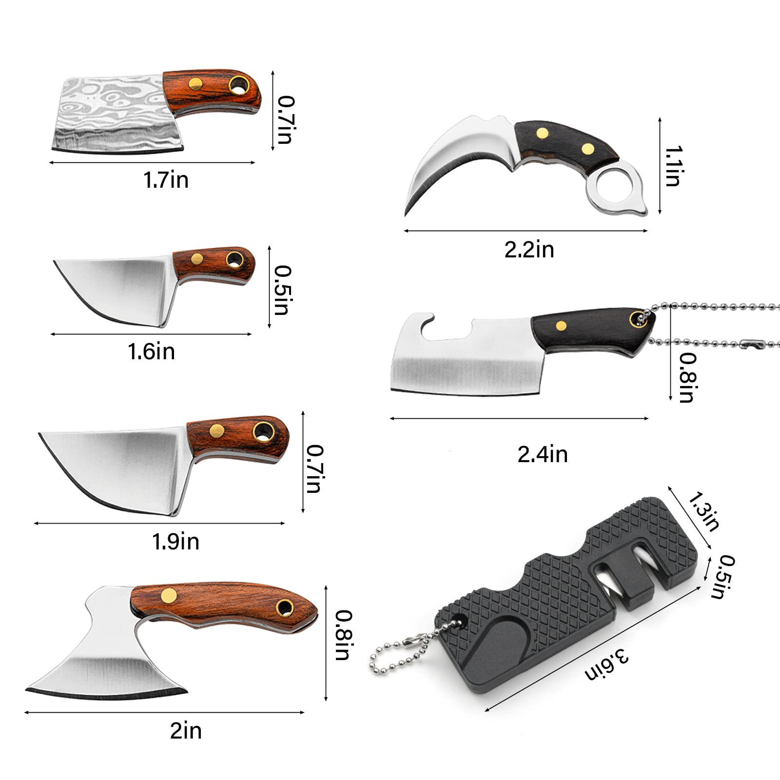 BeautyChen Mini Knife Set Tiny Knives with Sheaths Chef Knife EDC Bottle Opener Keychains Small Cleaver Pocket Knife with Sharpener-Set of 7