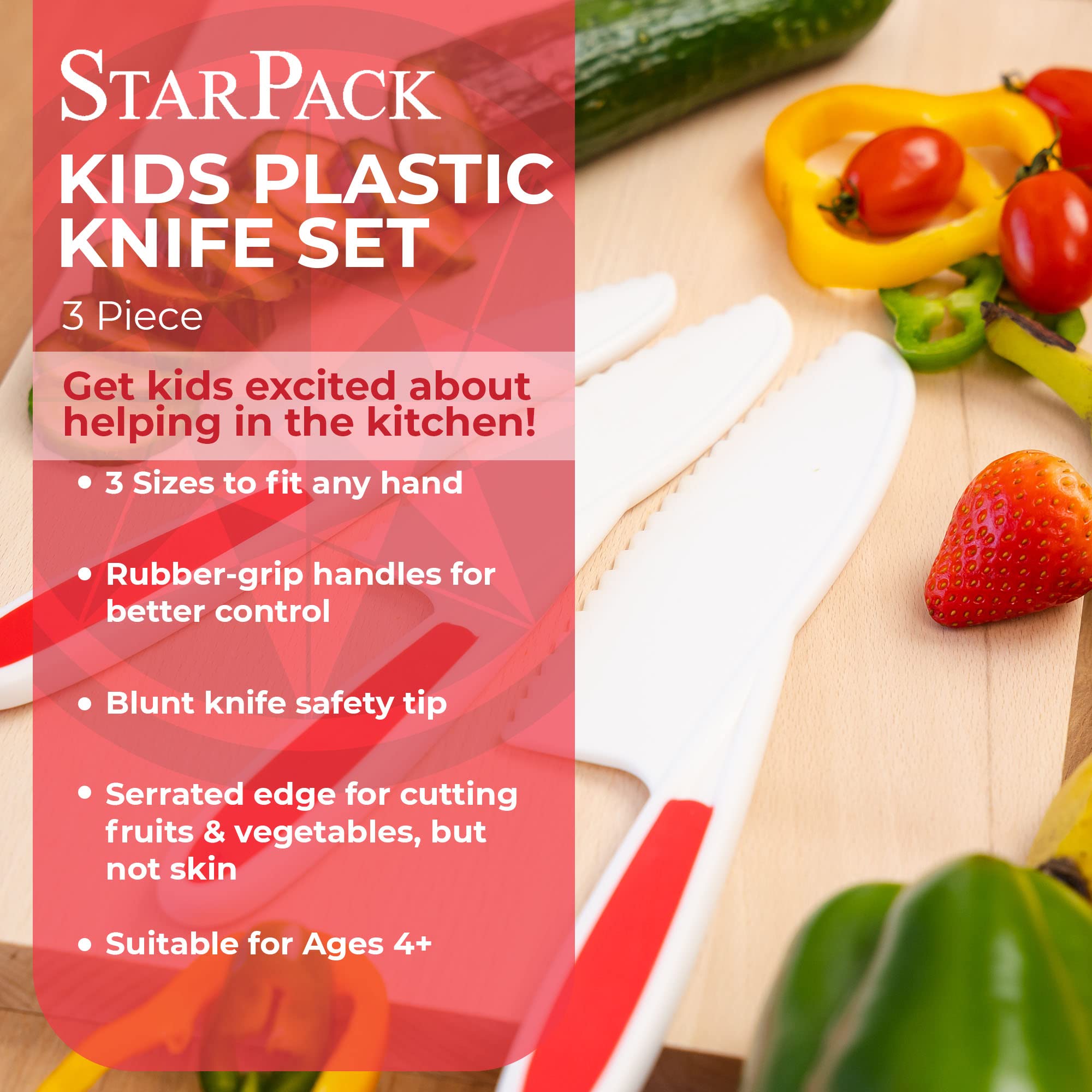 StarPack Kids Knife Set of 3 - Toddler Knife Set for Real Cooking - Montessori Knife for 2+ Year Olds - BPA-Free Nylon Knife For Kids - Serrated Edges