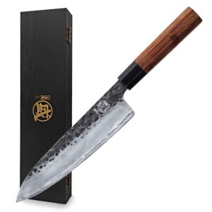 mitsumoto sakari 8 inch japanese gyuto chef knife, professional hand forged kitchen chef knife, 3 layers 9cr18mov high carbon meat sushi knife (rosewood handle & gift box)