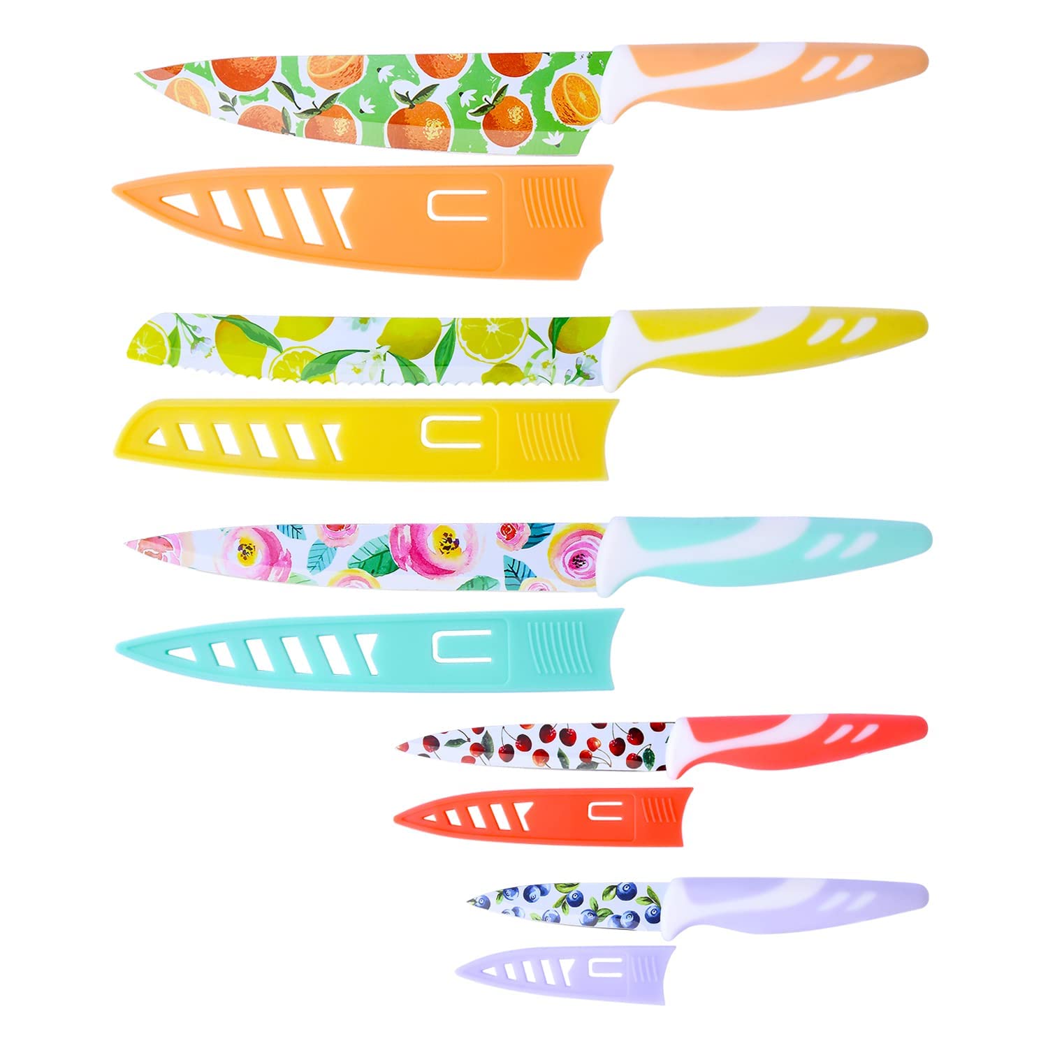 UPTRUST Knife Set, 10-piece Kitchen Knife Set Nonstick Coated with 5 Blade Guard, Multicolored Fruit Knives, Pioneer Woman Knife Set for Christmas Gifts