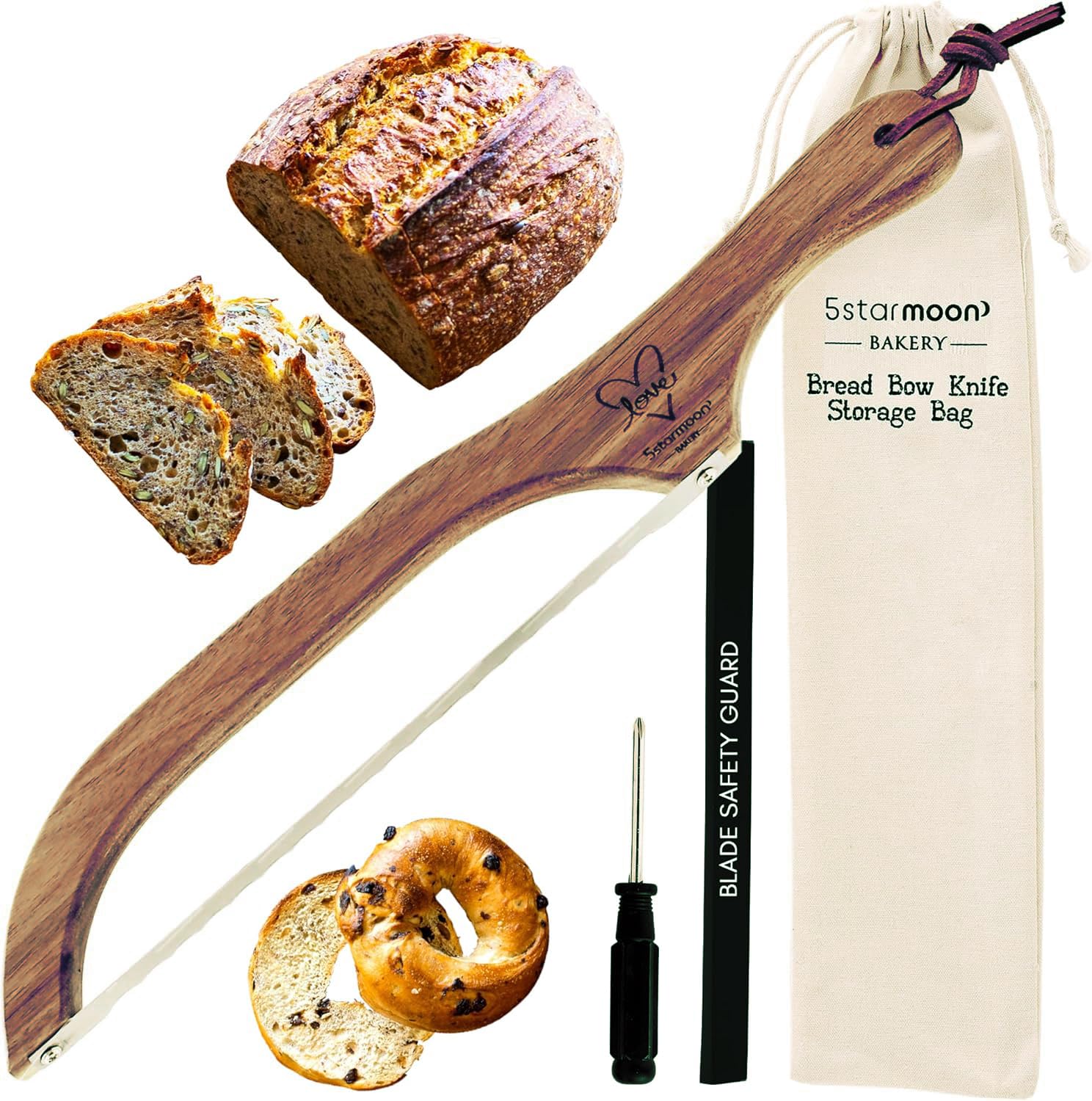 RIGHT HANDED US DESIGNED- Wooden Bread Bow Knife -Serrated Knife - Wooden Handle Bread Knife with Leather Hanging Strap - Sourdough Bread Knife for Homemade Bread with Linen Storage - Bread Knife Wood