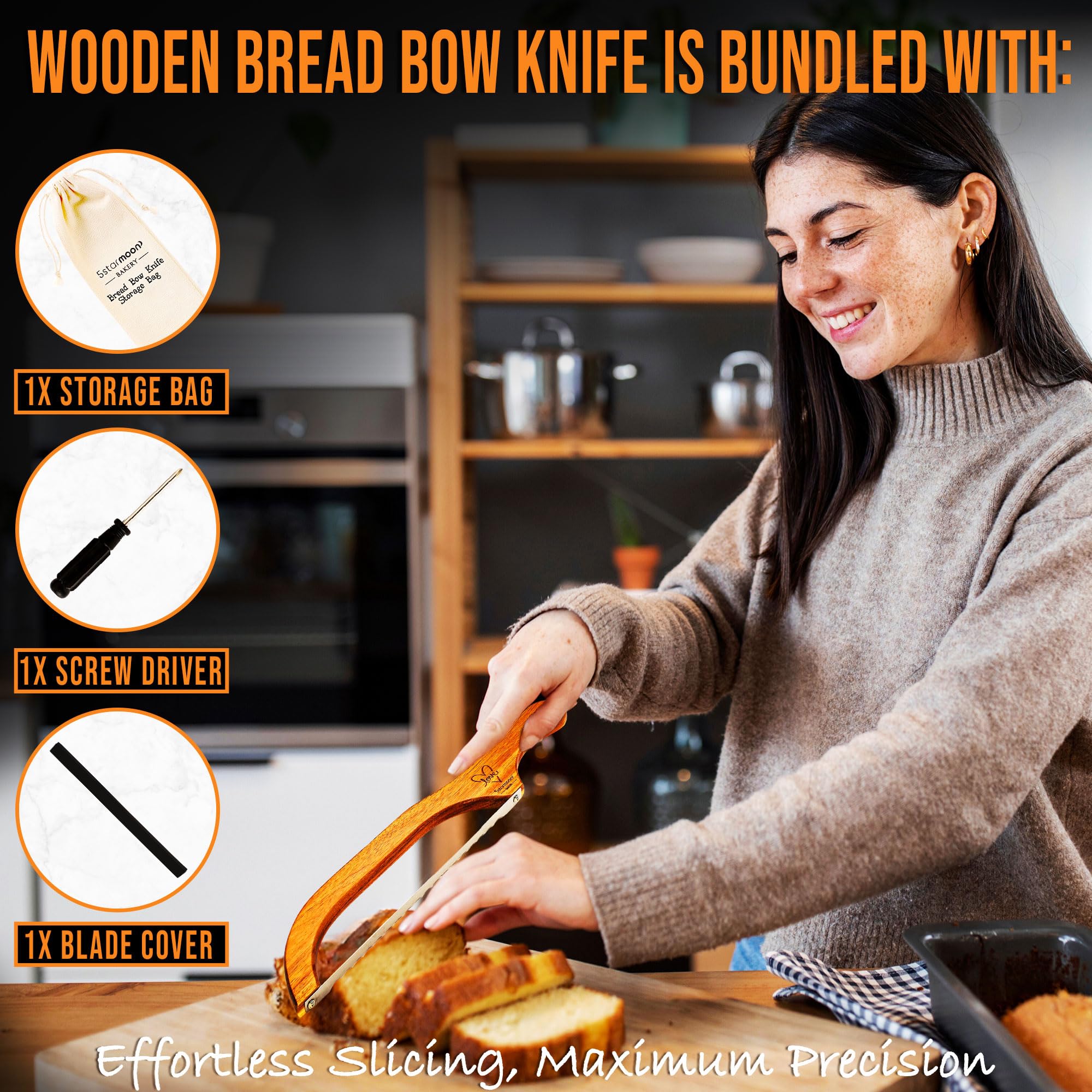 RIGHT HANDED US DESIGNED- Wooden Bread Bow Knife -Serrated Knife - Wooden Handle Bread Knife with Leather Hanging Strap - Sourdough Bread Knife for Homemade Bread with Linen Storage - Bread Knife Wood