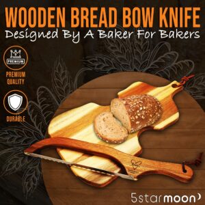 RIGHT HANDED US DESIGNED- Wooden Bread Bow Knife -Serrated Knife - Wooden Handle Bread Knife with Leather Hanging Strap - Sourdough Bread Knife for Homemade Bread with Linen Storage - Bread Knife Wood