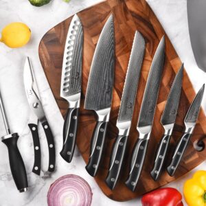 Damascus Kitchen Knife Set, 9 Pieces with Block, Non-slip Handle, Knife Sharpener and Shears, Wooden Grey